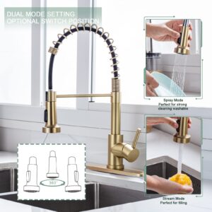 Brushed Gold Kitchen Faucet with Pull Down Sprayer, RV Brass Kitchen Faucet Stainless Steel Single Handle Spring Faucet with Deck Plate for Farmhouse Utility Sinks with Gold Soap Dispenser