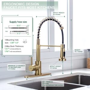 Brushed Gold Kitchen Faucet with Pull Down Sprayer, RV Brass Kitchen Faucet Stainless Steel Single Handle Spring Faucet with Deck Plate for Farmhouse Utility Sinks with Gold Soap Dispenser