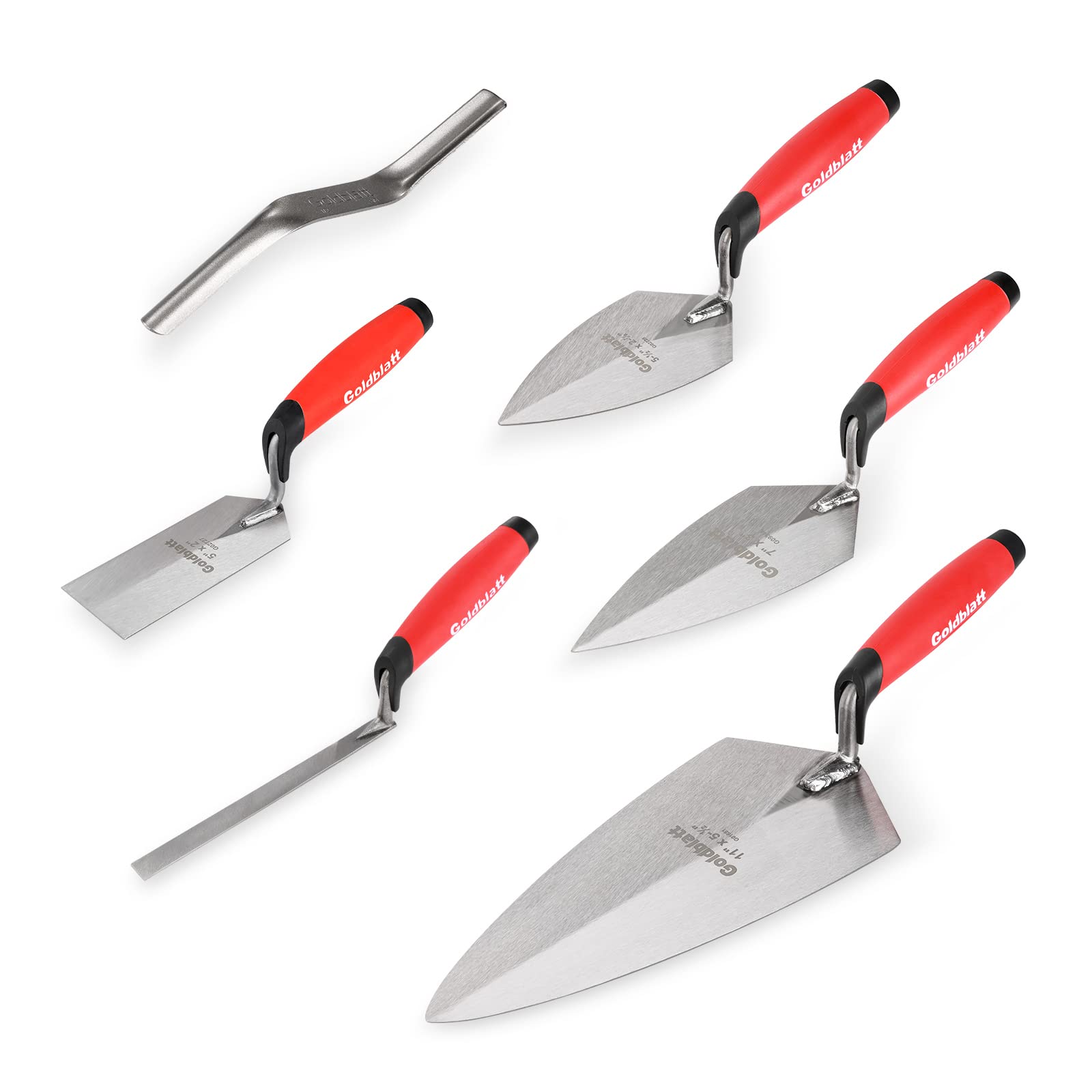 Goldblatt 6PC Masonry Hand Tool Set - 11" x 5-1/2" Philadelphia Brick Trowel, 2PC Pointing Trowel, 5" x 2" Margin Trowel, 1/2" Tuck Pointing Trowel, 5/8” x 1/2” Convex Brick Jointer