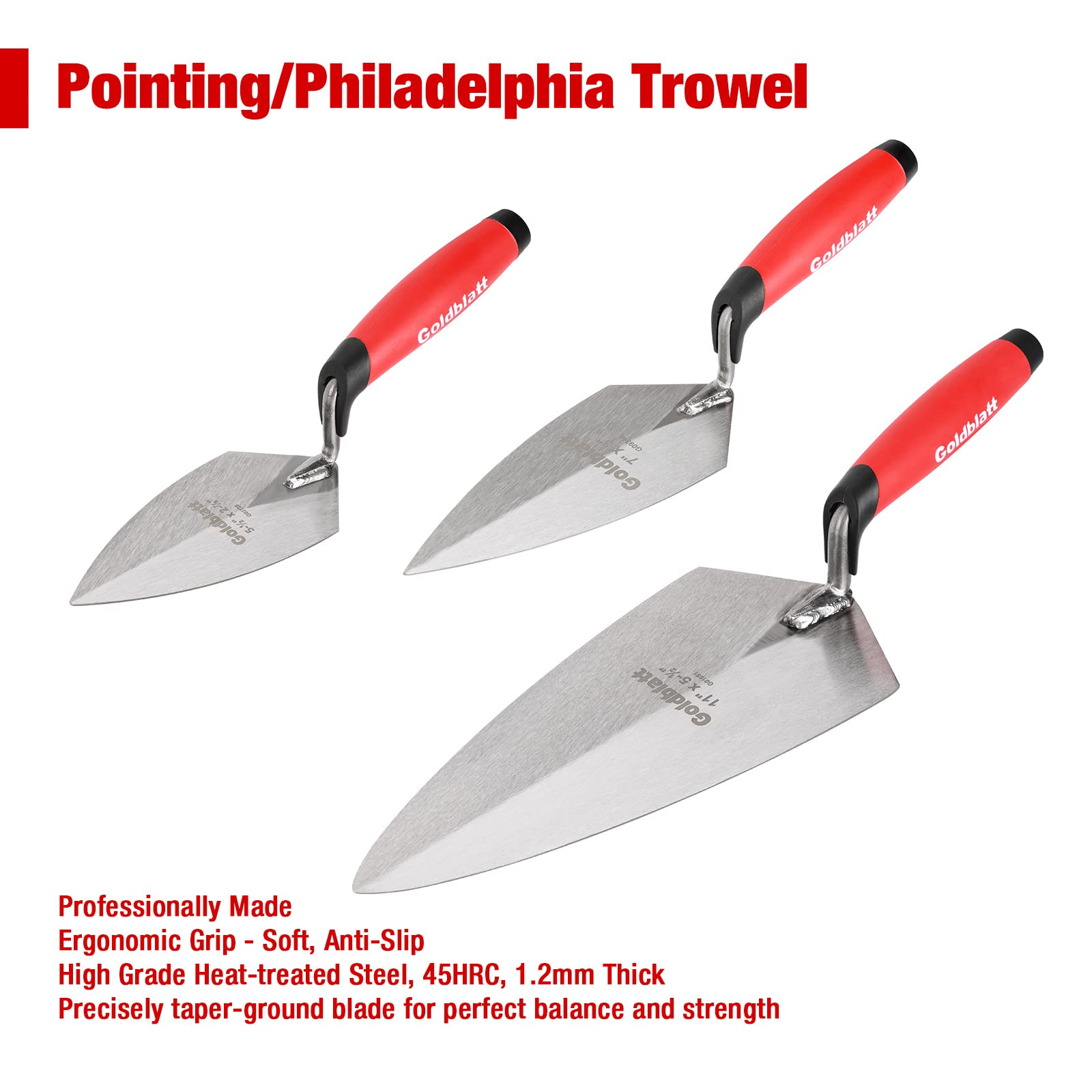 Goldblatt 6PC Masonry Hand Tool Set - 11" x 5-1/2" Philadelphia Brick Trowel, 2PC Pointing Trowel, 5" x 2" Margin Trowel, 1/2" Tuck Pointing Trowel, 5/8” x 1/2” Convex Brick Jointer