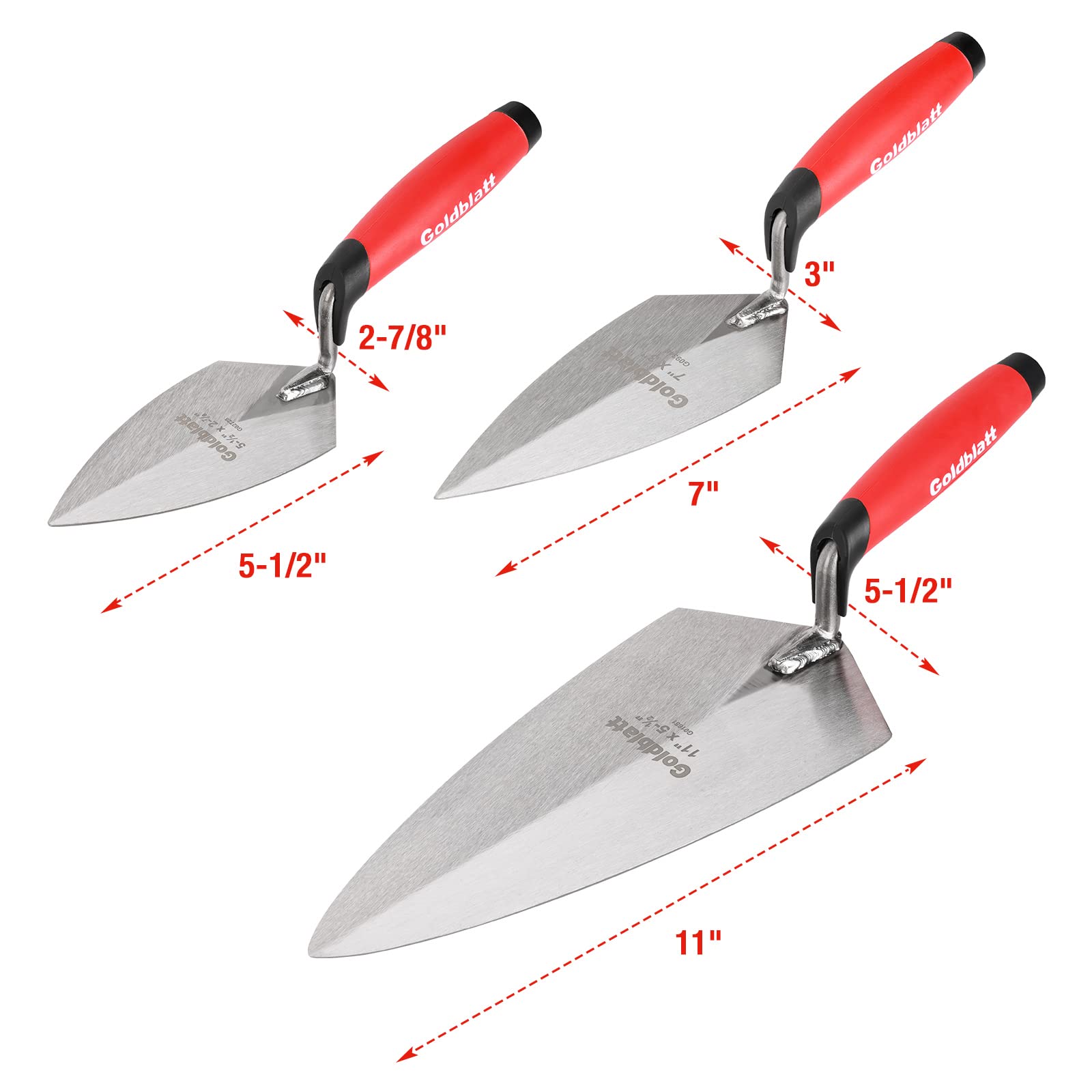 Goldblatt 6PC Masonry Hand Tool Set - 11" x 5-1/2" Philadelphia Brick Trowel, 2PC Pointing Trowel, 5" x 2" Margin Trowel, 1/2" Tuck Pointing Trowel, 5/8” x 1/2” Convex Brick Jointer