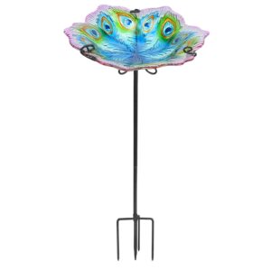 mumtop glass bird bath, garden outdoor birdbaths birdfeeder with metal stake peacock bird baths for outside yard