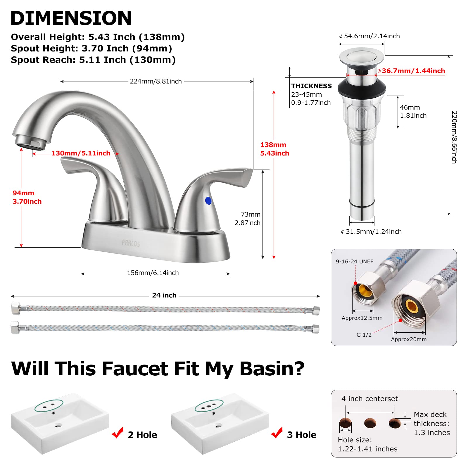 PARLOS 2-Handle Bathroom Sink Faucet with Drain Assembly and Supply Hose Lead-Free cUPC Lavatory Faucet Mixer Double Handle Tap Deck Mounted Brushed Nickel,1.2 GPM Flow Rate