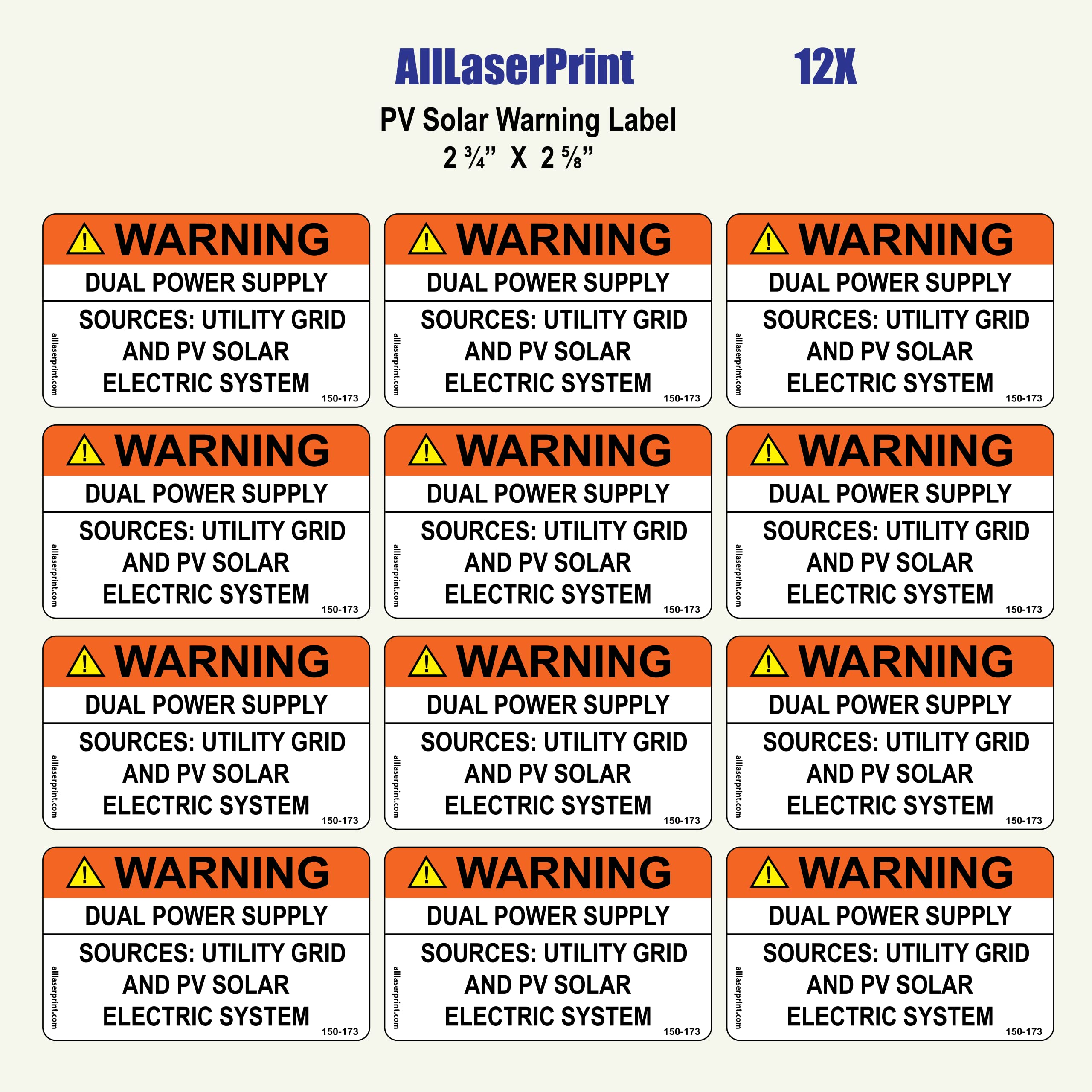 Photovoltaic Labels for PV Solar System_"Warning_Dual Power Supply_Sources: Utility Grid and PV Solar Electric System" _2 ¾” X 2 ⅝” _Pack of 12