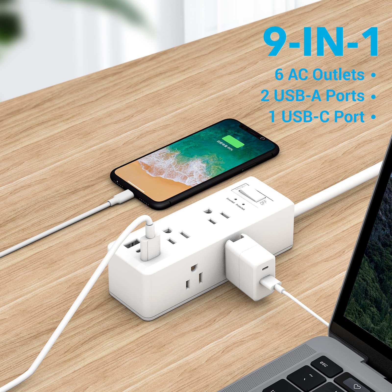 Clear Power 6-Outlet Surge Protector Power Strip with 3 USB Ports(1 USB-C), 5ft Power Cord, Flat Plug, Multi Outlets on 3 Sides, Desktop Charging Station, White, DC3S-1106-DC