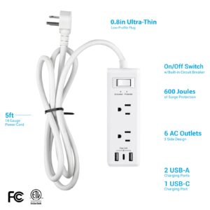 Clear Power 6-Outlet Surge Protector Power Strip with 3 USB Ports(1 USB-C), 5ft Power Cord, Flat Plug, Multi Outlets on 3 Sides, Desktop Charging Station, White, DC3S-1106-DC