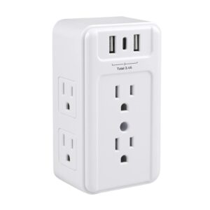 clear power multi plug outlet extender, 6-outlet splitter with 3 usb ports (1x usb-c), 3-sided power strip usb wall charger for home & office, white, dc3s-1006-dc