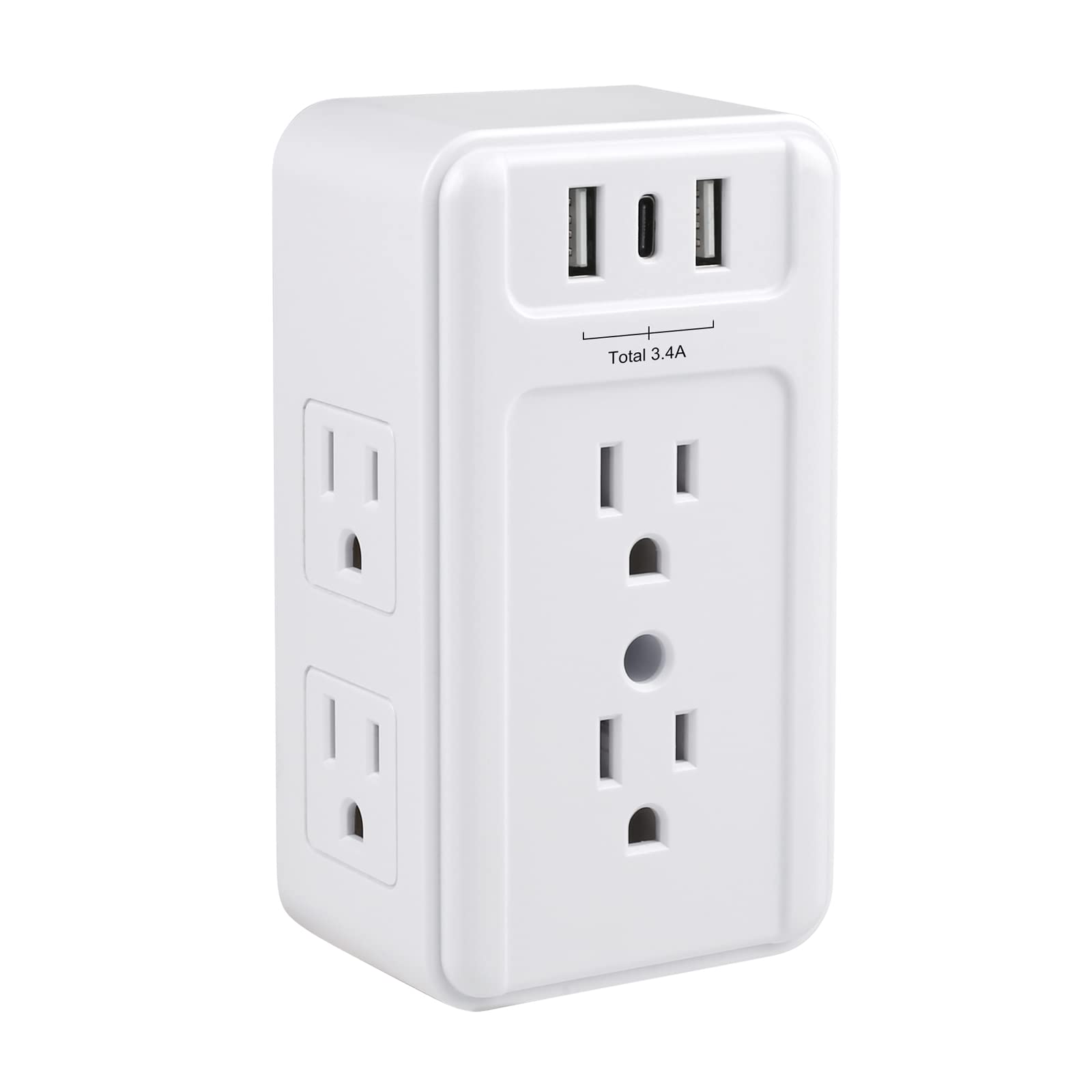 Clear Power Multi Plug Outlet Extender, 6-Outlet Splitter with 3 USB Ports (1x USB-C), 3-Sided Power Strip USB Wall Charger for Home & Office, White, DC3S-1006-DC