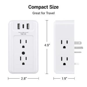 Clear Power Multi Plug Outlet Extender, 6-Outlet Splitter with 3 USB Ports (1x USB-C), 3-Sided Power Strip USB Wall Charger for Home & Office, White, DC3S-1006-DC