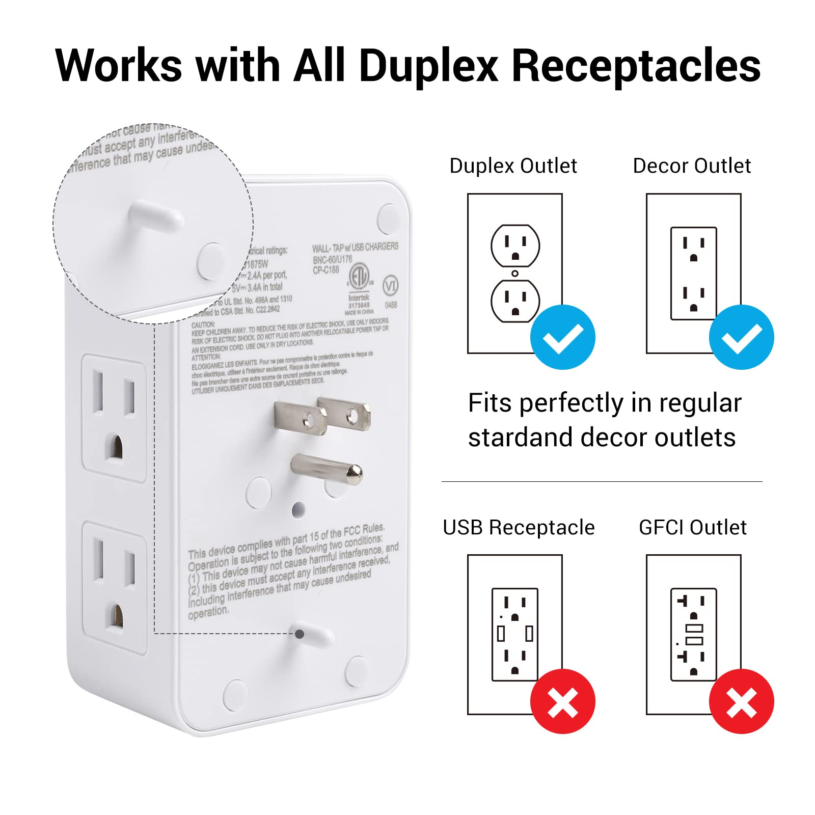 Clear Power Multi Plug Outlet Extender, 6-Outlet Splitter with 3 USB Ports (1x USB-C), 3-Sided Power Strip USB Wall Charger for Home & Office, White, DC3S-1006-DC