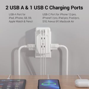 Clear Power Multi Plug Outlet Extender, 6-Outlet Splitter with 3 USB Ports (1x USB-C), 3-Sided Power Strip USB Wall Charger for Home & Office, White, DC3S-1006-DC