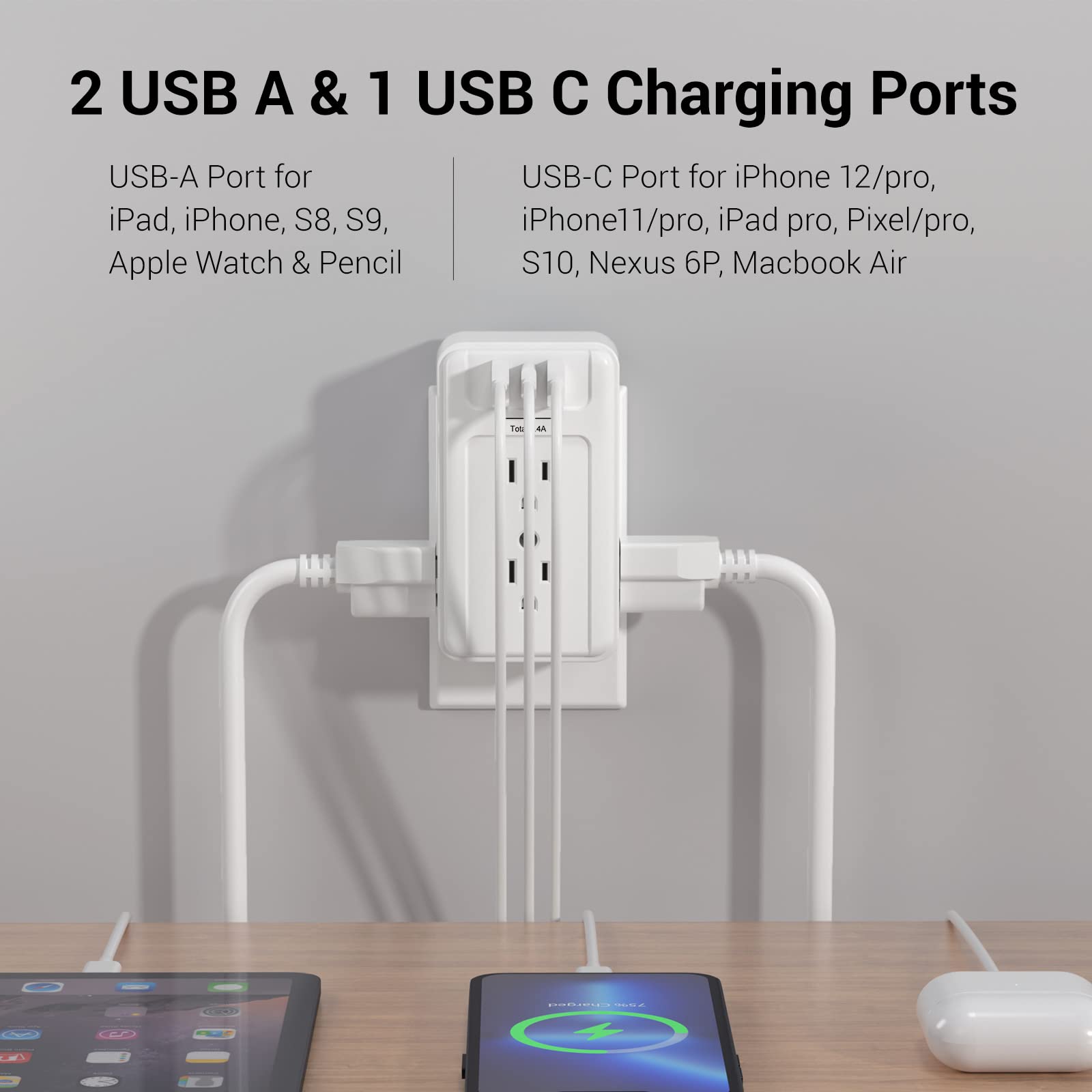 Clear Power Multi Plug Outlet Extender, 6-Outlet Splitter with 3 USB Ports (1x USB-C), 3-Sided Power Strip USB Wall Charger for Home & Office, White, DC3S-1006-DC