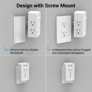 Clear Power Multi Plug Outlet Extender, 6-Outlet Splitter with 3 USB Ports (1x USB-C), 3-Sided Power Strip USB Wall Charger for Home & Office, White, DC3S-1006-DC