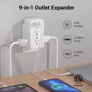 Clear Power Multi Plug Outlet Extender, 6-Outlet Splitter with 3 USB Ports (1x USB-C), 3-Sided Power Strip USB Wall Charger for Home & Office, White, DC3S-1006-DC