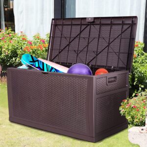 jomeed storage box 122 gallon large deck box outdoor indoor resin storage box waterproof for patio furniture, pool toys, garden tools (brown)