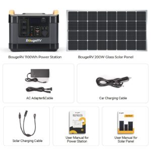 BougeRV 1100WH Power Station with 9BB 200W Solar Panel, American Monocrystalline Solar Panel for Charging Solar Generator with 200W Input and 3x110V/1200W AC Outlets, Battery Backup for Camping, Emergency, Refrigerator, CPAP