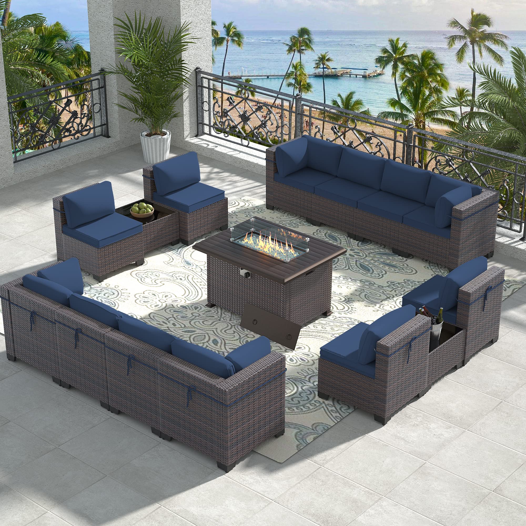 RTDTD Outdoor Patio Furniture Set with Propane Fire Pit Table, 15 Pieces Outdoor Furniture Patio Sectional Sofa Conversation Sets w/ETL Approved 43" Gas Outdoor Fire Table & Coffee Table(Dark Blue)