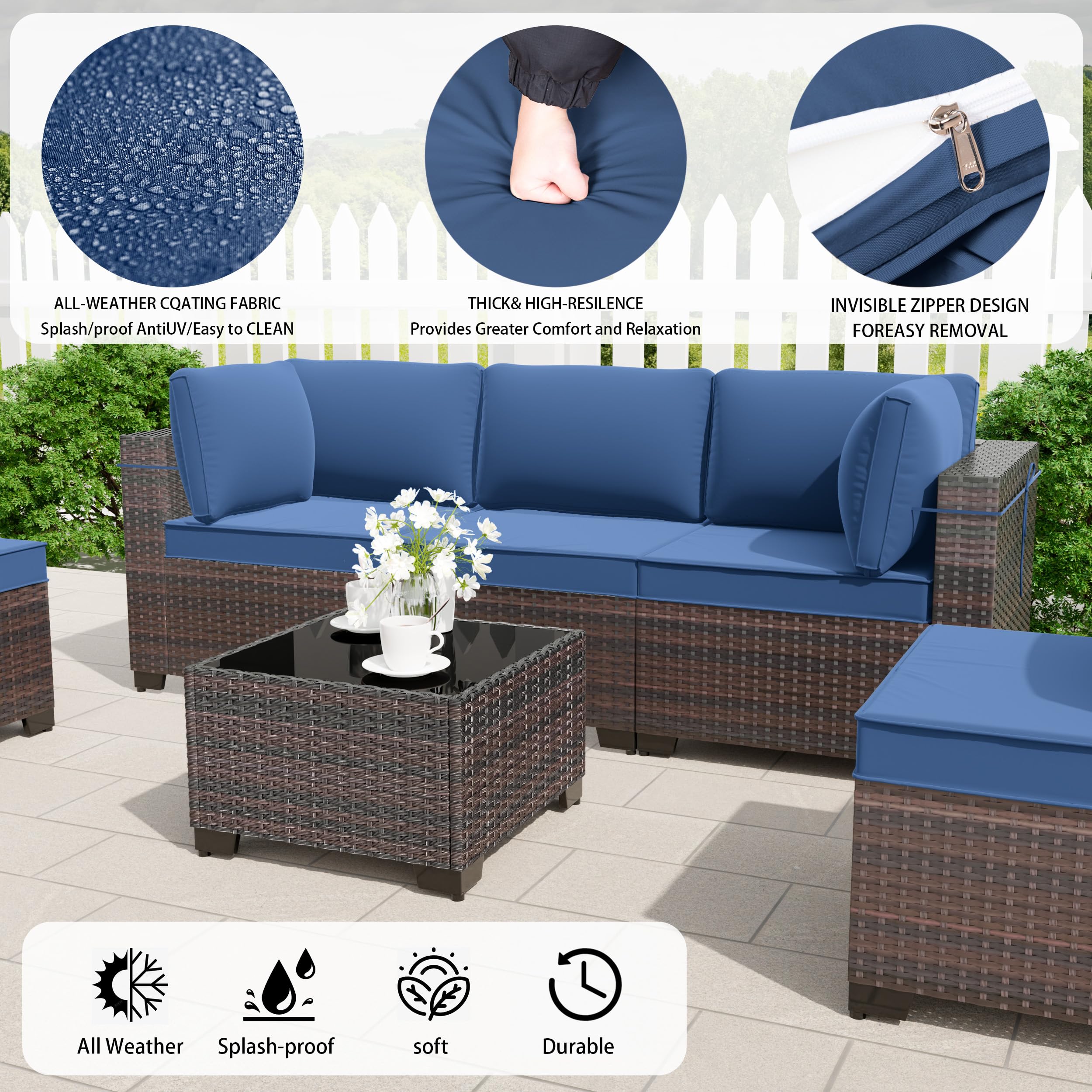 RTDTD Outdoor Patio Furniture Set with Propane Fire Pit Table, 15 Pieces Outdoor Furniture Patio Sectional Sofa Conversation Sets w/ETL Approved 43" Gas Outdoor Fire Table & Coffee Table(Dark Blue)