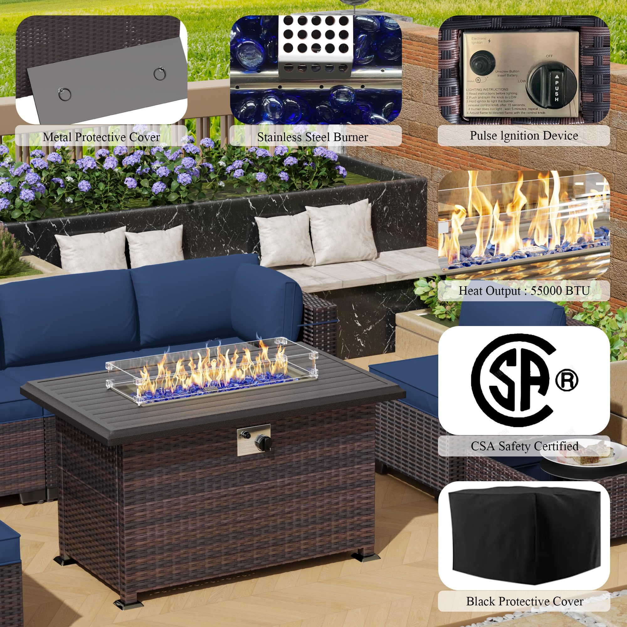 RTDTD Outdoor Patio Furniture Set with Propane Fire Pit Table, 15 Pieces Outdoor Furniture Patio Sectional Sofa Conversation Sets w/ETL Approved 43" Gas Outdoor Fire Table & Coffee Table(Dark Blue)