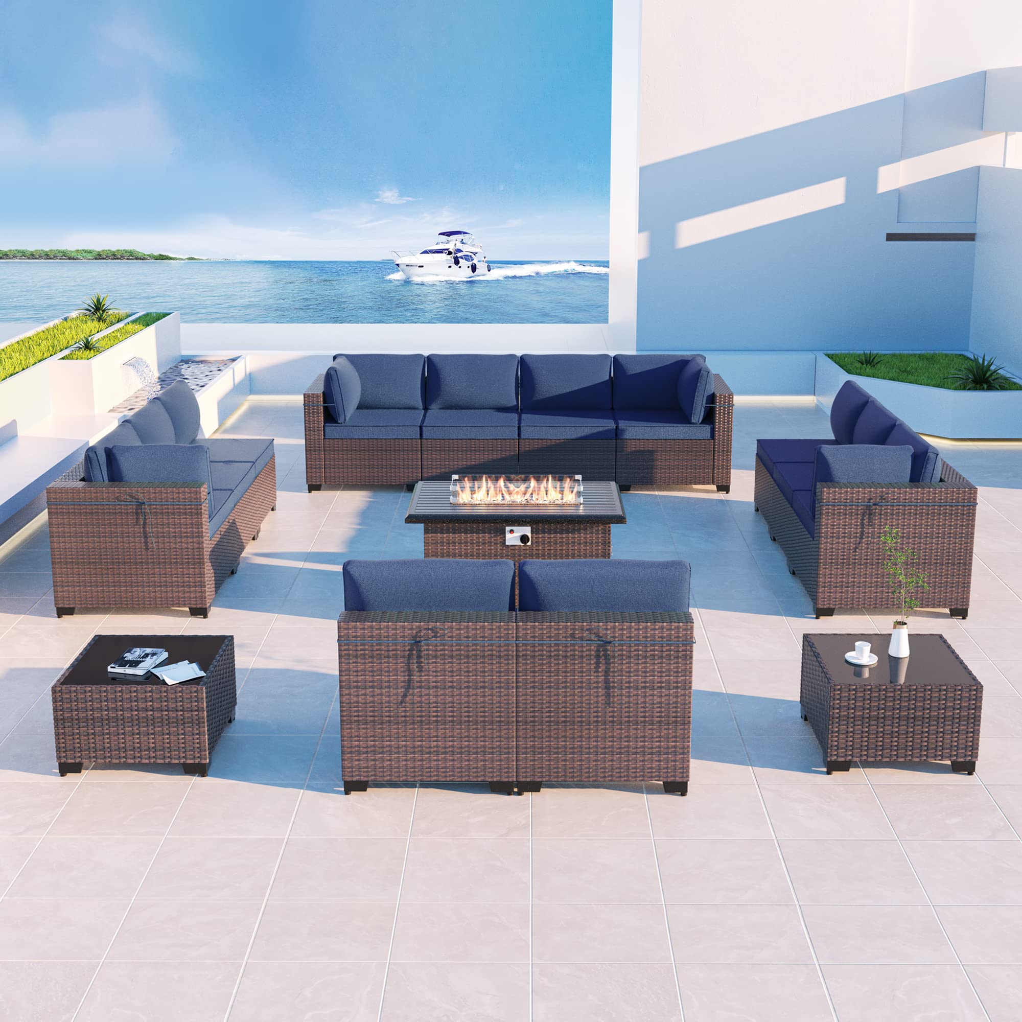 RTDTD Outdoor Patio Furniture Set with Propane Fire Pit Table, 15 Pieces Outdoor Furniture Patio Sectional Sofa Conversation Sets w/ETL Approved 43" Gas Outdoor Fire Table & Coffee Table(Dark Blue)