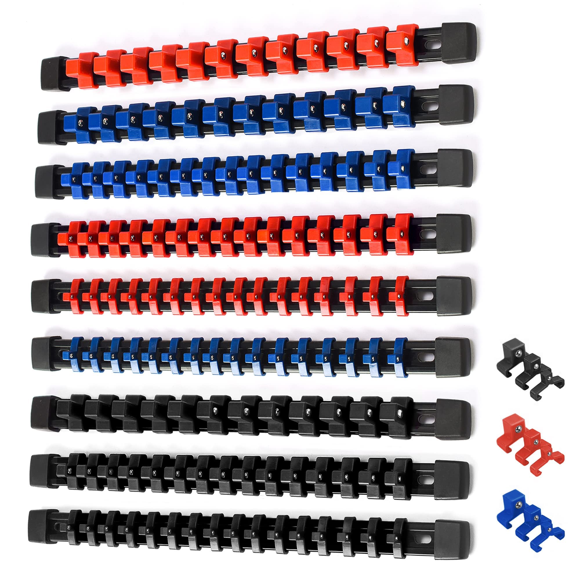 ALOANES 9PC ABS Socket Organizer, 1/2 inch, 3/8 inch and 1/4 inch Drive Socket Rail Holders, Heavy Duty Socket Racks, Black Rails with Red Blue Black Clips