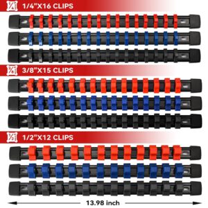 ALOANES 9PC ABS Socket Organizer, 1/2 inch, 3/8 inch and 1/4 inch Drive Socket Rail Holders, Heavy Duty Socket Racks, Black Rails with Red Blue Black Clips