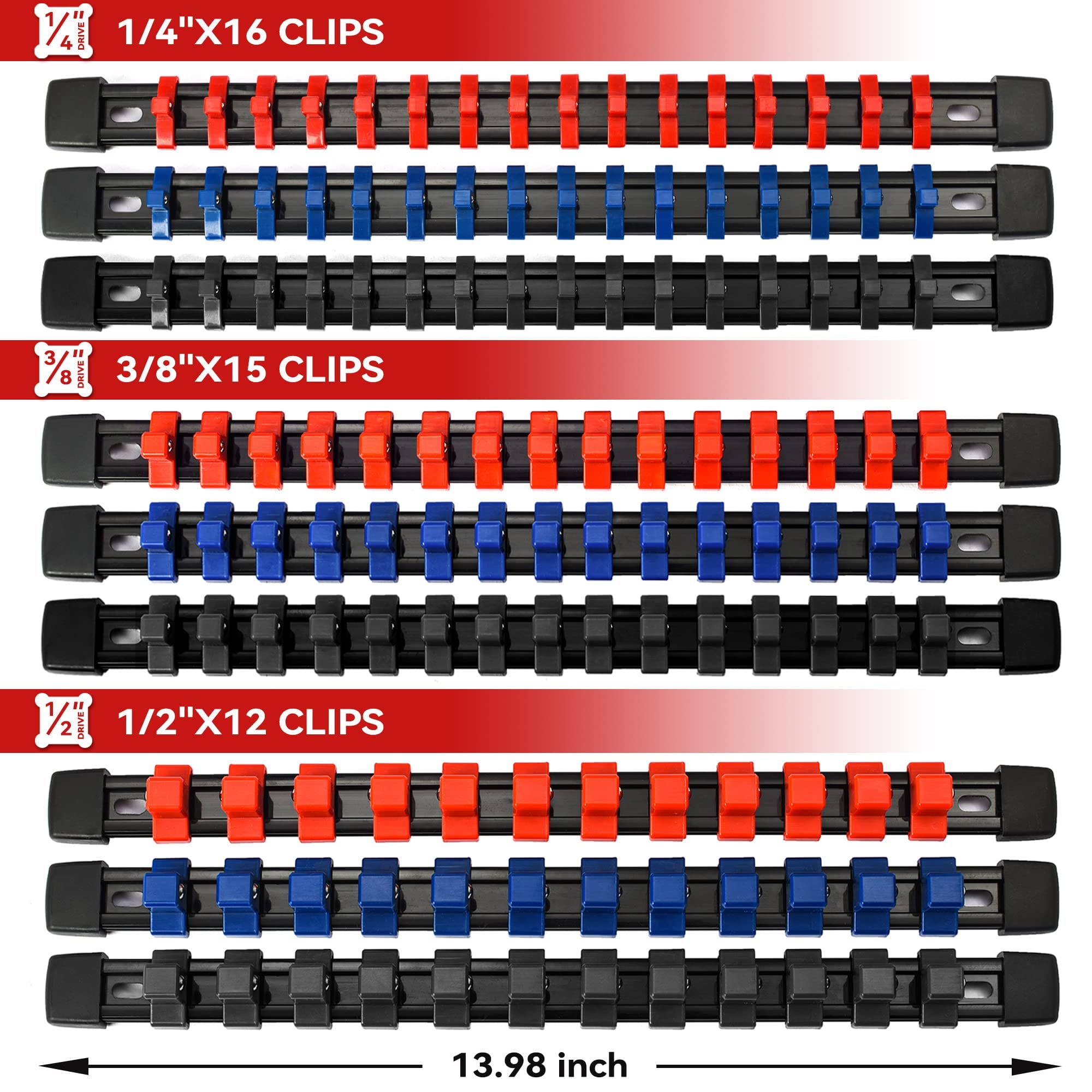 ALOANES 9PC ABS Socket Organizer, 1/2 inch, 3/8 inch and 1/4 inch Drive Socket Rail Holders, Heavy Duty Socket Racks, Black Rails with Red Blue Black Clips