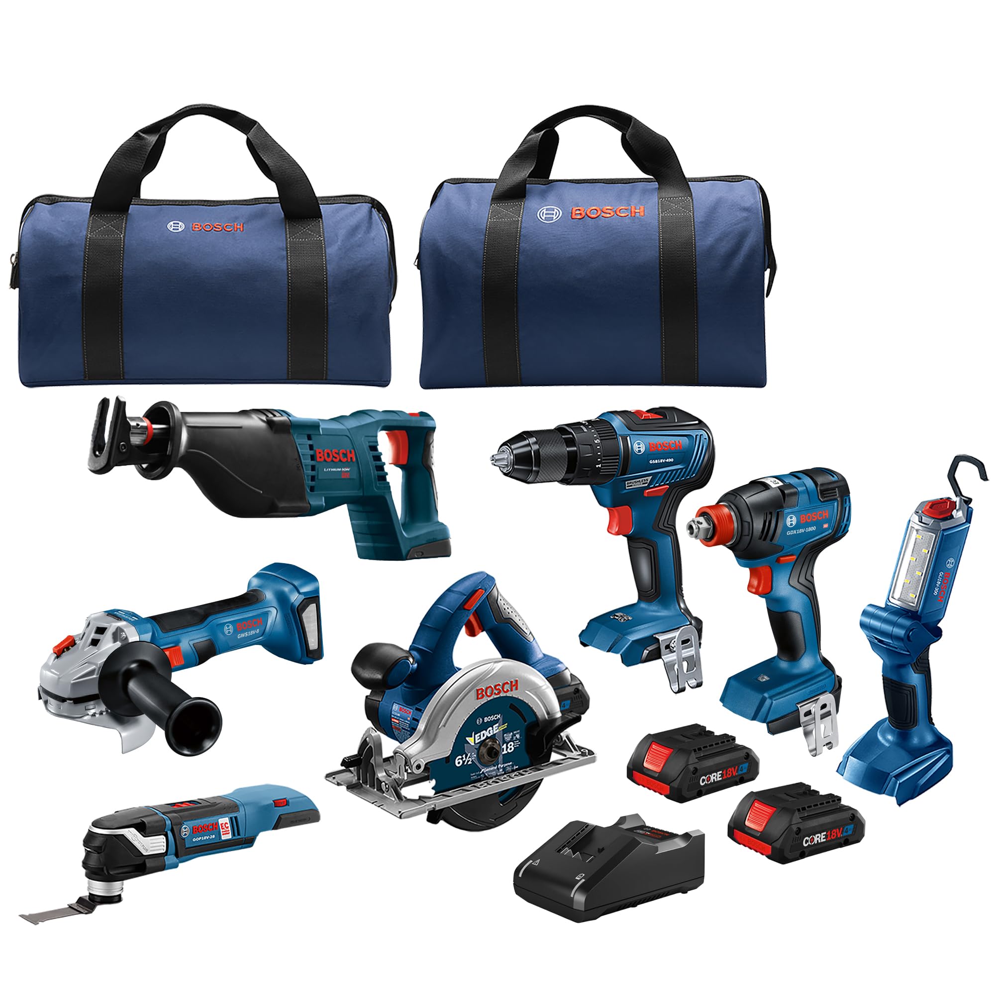 BOSCH GXL18V-701B25 18V 7-Tool Combo Kit with 2-In-1 Bit/Socket Impact Driver, Hammer Drill/Driver, Recip Saw, Circular Saw, Oscillating Tool, Angle Grinder, LED Worklight & (2) CORE18V 4 Ah Batteries