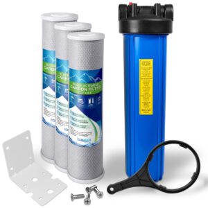 high capacity 20 x 4.5” blue whole house water filter purifier system with presser relief button, 1” inlet/outlet brass port & yearly supply (3) coconut shell activated block carbon cartridges