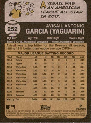 2022 Topps Heritage #252 Avisail Garcia Miami Marlins NM-MT MLB Baseball