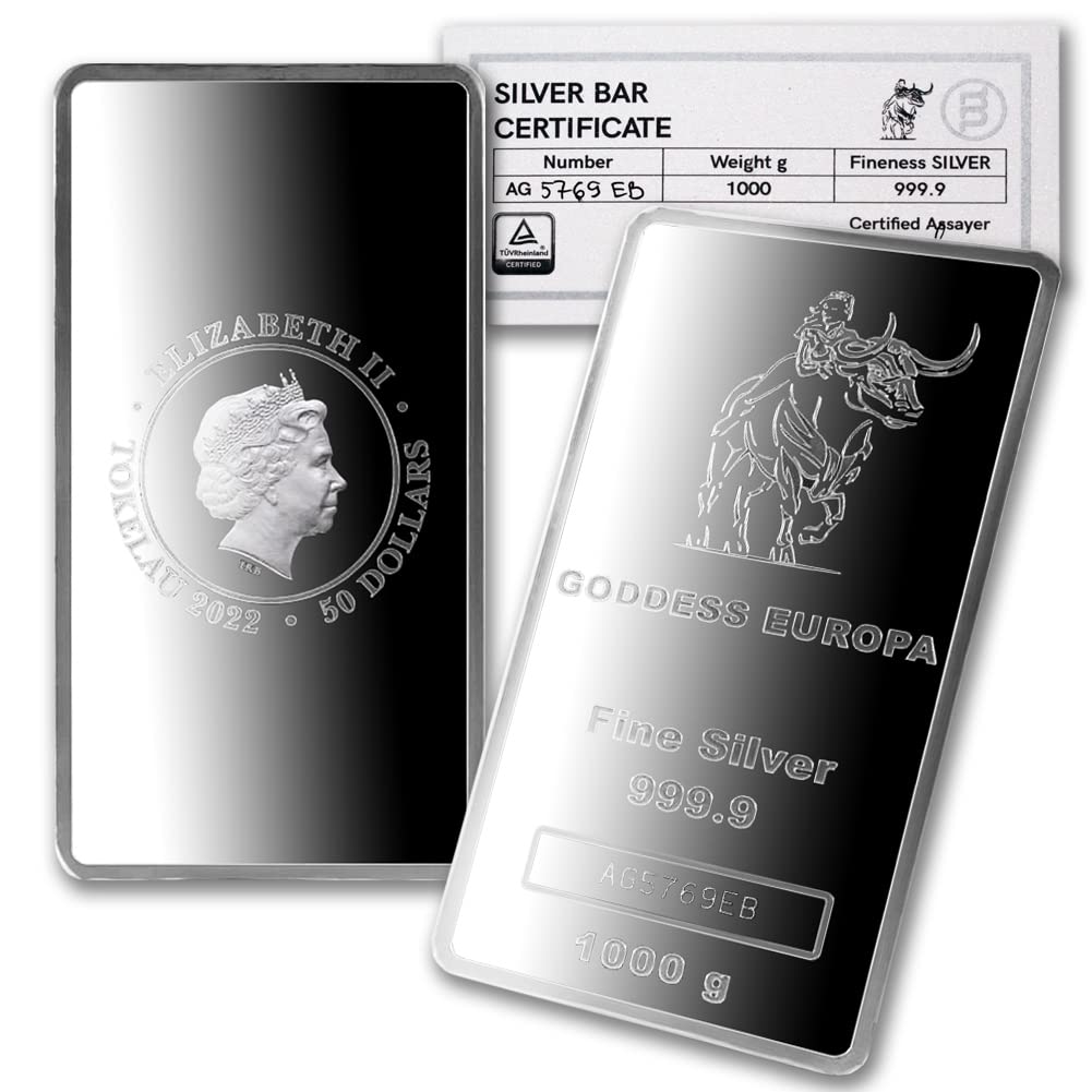 2022 1 kg Tokelauan Silver Bar Goddess Europa Coin Brilliant Uncirculated (BU - Paperweight) with Original Mint Box Packaging & Certificate of Authenticity $50 Mint State