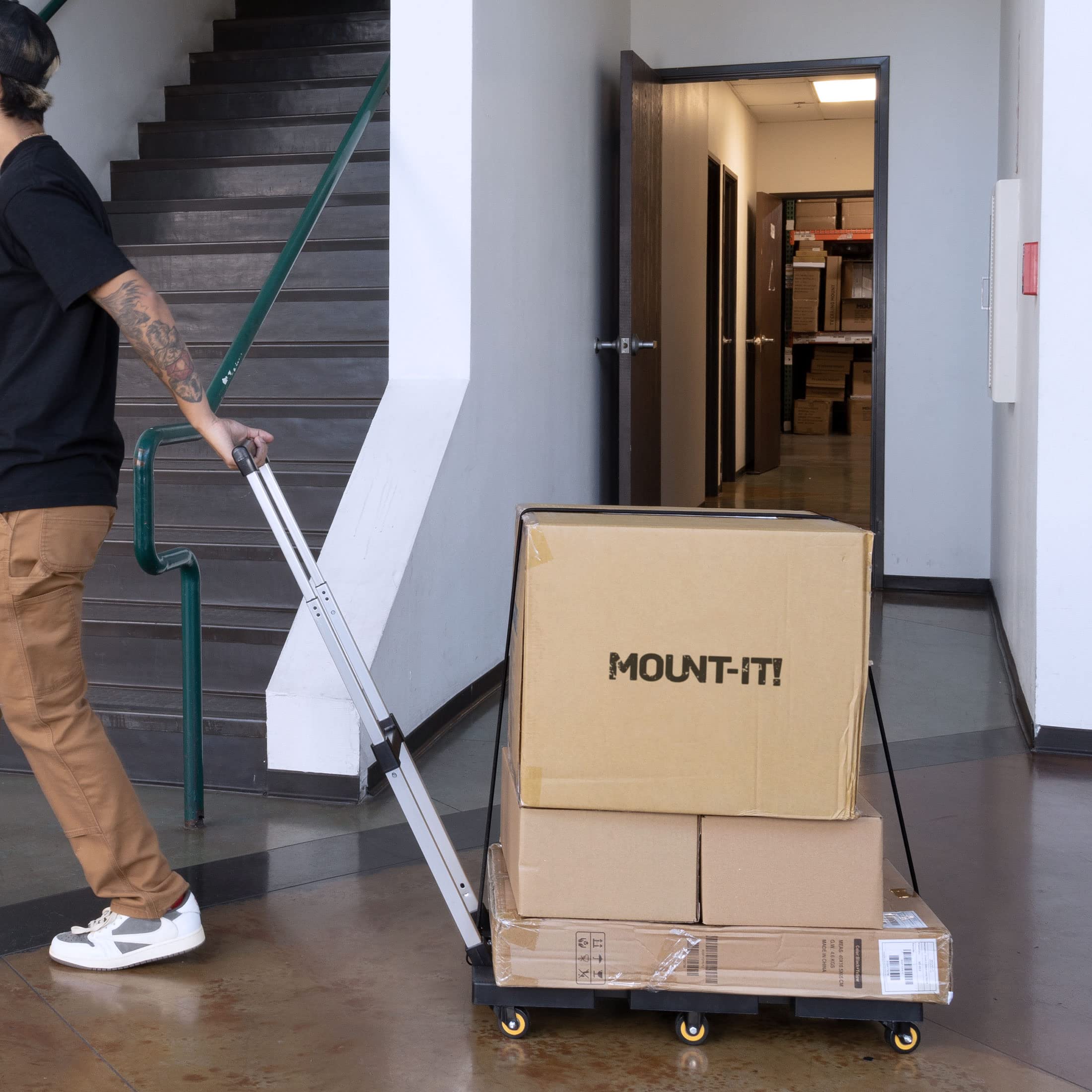 Mount-It! Folding Hand Truck Dolly Cart | Lightweight Foldable Cart with Wheels Heavy Duty with Elastic Cord for Luggage, Travel Moving, Office and Light Industrial Use