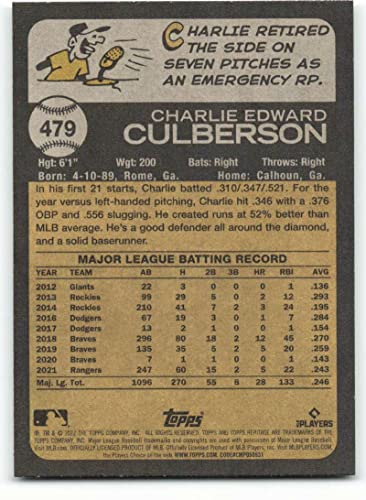 2022 Topps Heritage #479 Charlie Culberson High Number Short Print NM-MT SP Texas Rangers Baseball