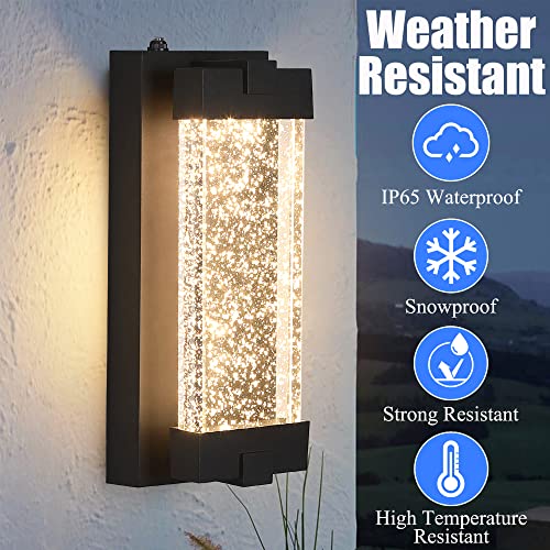 Elimegan Black Wall Sconce with K9 Crystal Bubble and Dusk to Dawn Sensor, Exterior LED Wall Mounted Light, Modern Porch Lantern, Light Fixture for Indoor and Outdoor