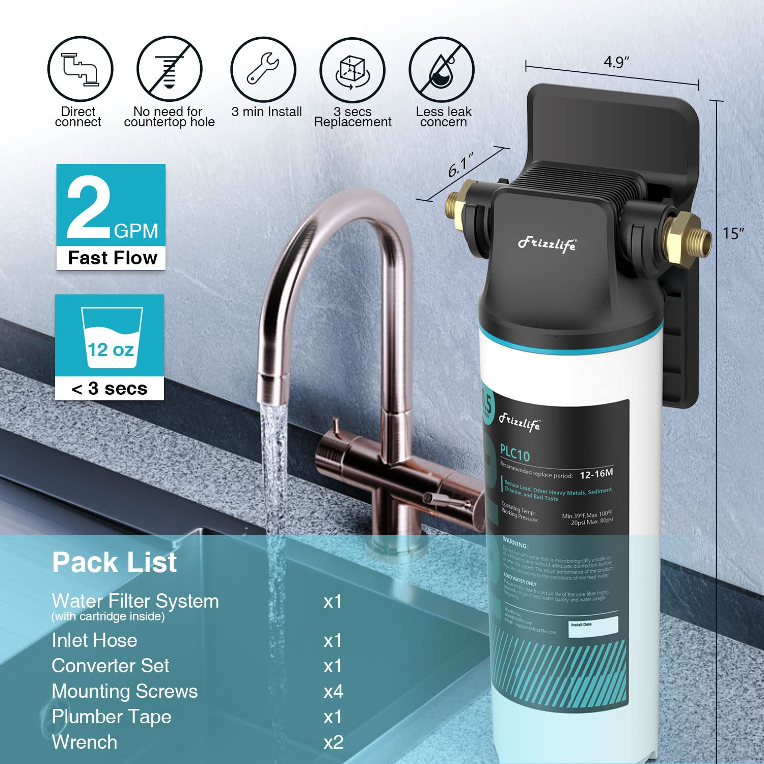 Frizzlife SW10 Under Sink Water Filter System, NSF/ANSI 53&42 Certified, Reduces 99.99% Lead, Chlorine, Bad Taste & Odor, Direct Connect Water Filter, 8K Gallons High Capacity, 0.5 Micron, USA Tech