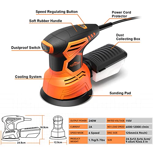 TOPSHAK Random Orbit Sander, 240W Palm Sander with 20pcs Sanding Paper, 6 Variable Speed Electric Orbit Sanders, 5 Inches Hand Sander Tool，Sanders for Woodworking, Sanding, Detailing, Finishing…