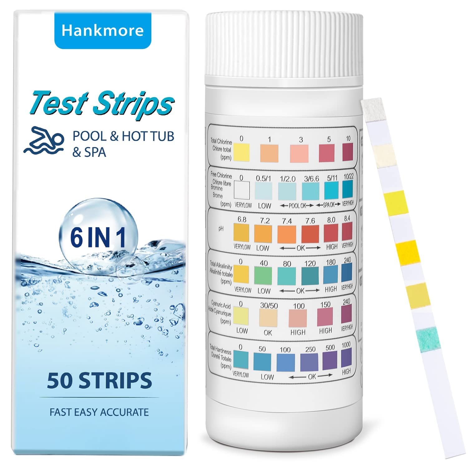 Hankmore 6 in 1 Pool Test Strips 50 Counts Swimming Pool Hot Tub Spa Water Quality Testing for Total Chlorine / Free Chlorine / Bromine / Total Hardness / pH / Cyanuric Acid / Total Alkalinity