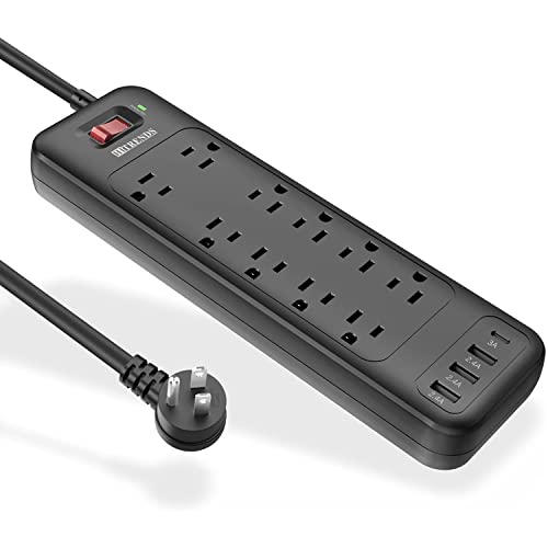 Power Strip, HITRENDS Surge Protector with 10 Outlets and 3 USB Ports (5V/2.4A) & 1 USB-C Port (5V/3A), 1875W/15A, 3600 Joules, Flat Plug, Spaced Outlets with 6ft Extension Cord for Home Office