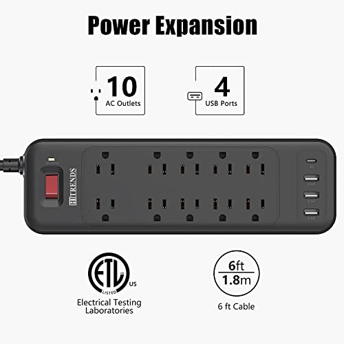 Power Strip, HITRENDS Surge Protector with 10 Outlets and 3 USB Ports (5V/2.4A) & 1 USB-C Port (5V/3A), 1875W/15A, 3600 Joules, Flat Plug, Spaced Outlets with 6ft Extension Cord for Home Office