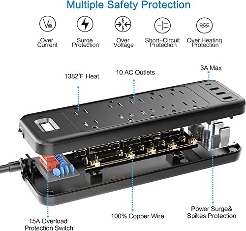 Power Strip, HITRENDS Surge Protector with 10 Outlets and 3 USB Ports (5V/2.4A) & 1 USB-C Port (5V/3A), 1875W/15A, 3600 Joules, Flat Plug, Spaced Outlets with 6ft Extension Cord for Home Office