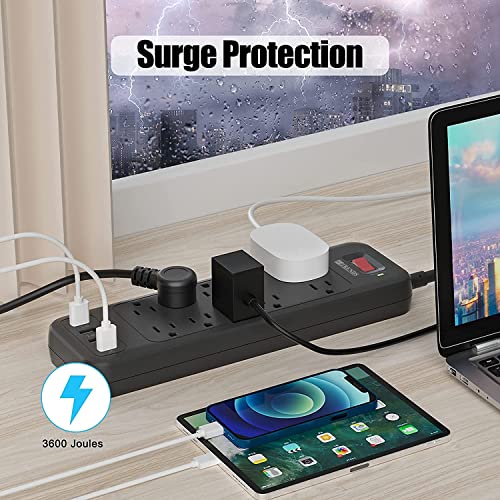 Power Strip, HITRENDS Surge Protector with 10 Outlets and 3 USB Ports (5V/2.4A) & 1 USB-C Port (5V/3A), 1875W/15A, 3600 Joules, Flat Plug, Spaced Outlets with 6ft Extension Cord for Home Office