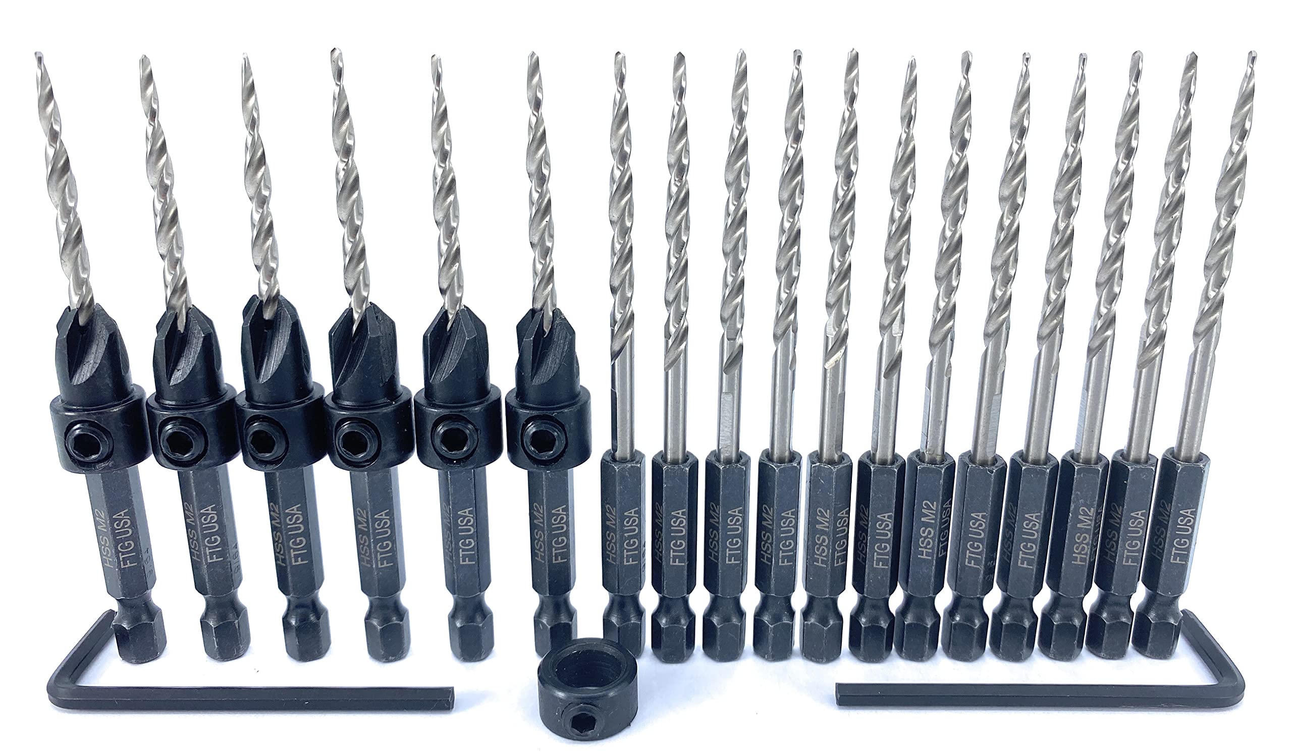 FTG USA Countersink Drill Bit Set 6 Pc #6 (9/64") Wood Countersink Drill Bit Pro Pack Countersink Set, 12 Replacement Tapered Countersink Drill Bits 9/64",1 Stop Collar, Hex Wrench