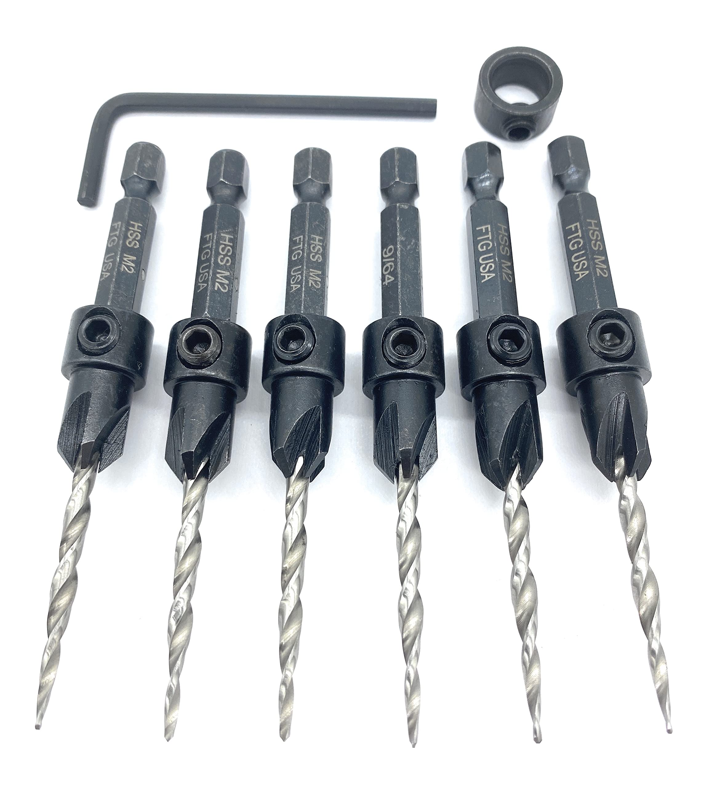 FTG USA Countersink Drill Bit Set 6 Pc #6 (9/64") Wood Countersink Drill Bit Pro Pack Countersink Set, 12 Replacement Tapered Countersink Drill Bits 9/64",1 Stop Collar, Hex Wrench