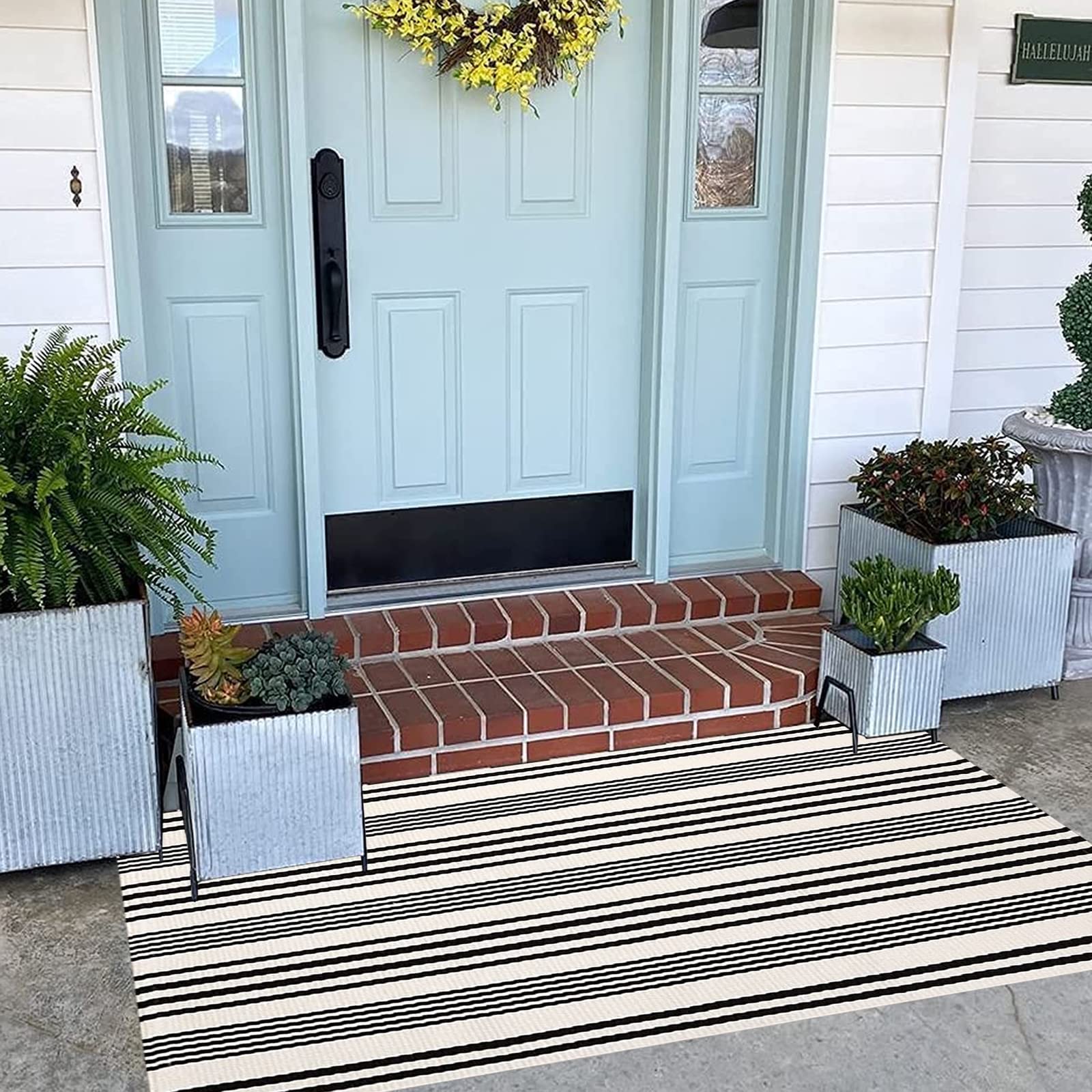 Black and White Striped Rug 24'' x 51''Outdoor Front Porch Rug Hand-Woven Machine Washable Indoor/Outdoor Layered Door Mats for Entryway/Bedroom/Outdoor