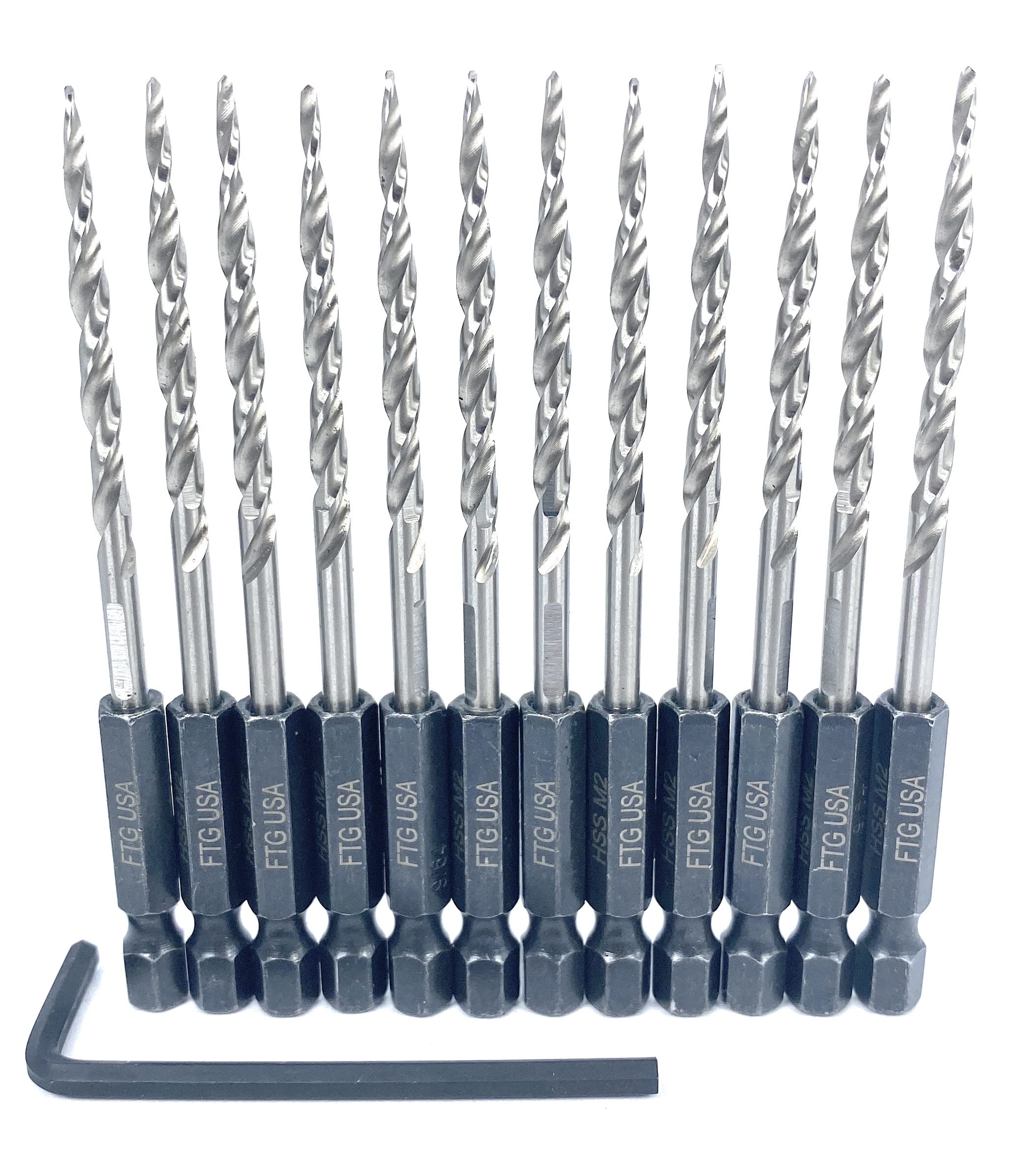 FTG USA Countersink Drill Bit Set 6 Pc #6 (9/64") Wood Countersink Drill Bit Pro Pack Countersink Set, 12 Replacement Tapered Countersink Drill Bits 9/64",1 Stop Collar, Hex Wrench