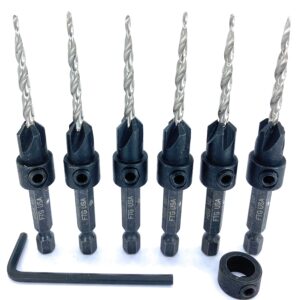 FTG USA Countersink Drill Bit Set 6 Pc #6 (9/64") Wood Countersink Drill Bit Pro Pack Countersink Set, 12 Replacement Tapered Countersink Drill Bits 9/64",1 Stop Collar, Hex Wrench