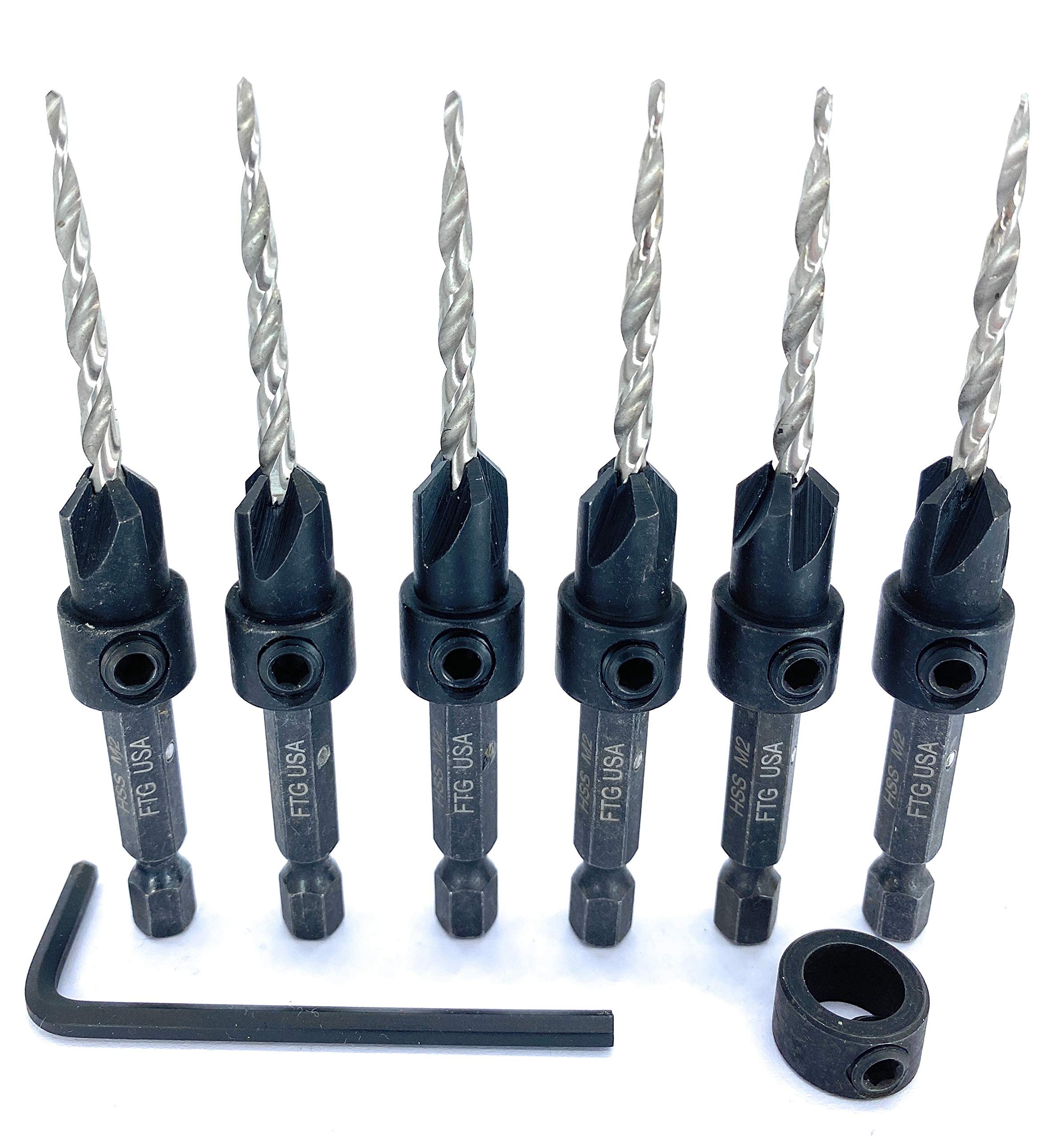 FTG USA Countersink Drill Bit Set 6 Pc #6 (9/64") Wood Countersink Drill Bit Pro Pack Countersink Set, 12 Replacement Tapered Countersink Drill Bits 9/64",1 Stop Collar, Hex Wrench