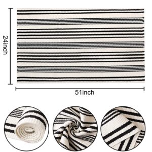 Black and White Striped Rug 24'' x 51''Outdoor Front Porch Rug Hand-Woven Machine Washable Indoor/Outdoor Layered Door Mats for Entryway/Bedroom/Outdoor