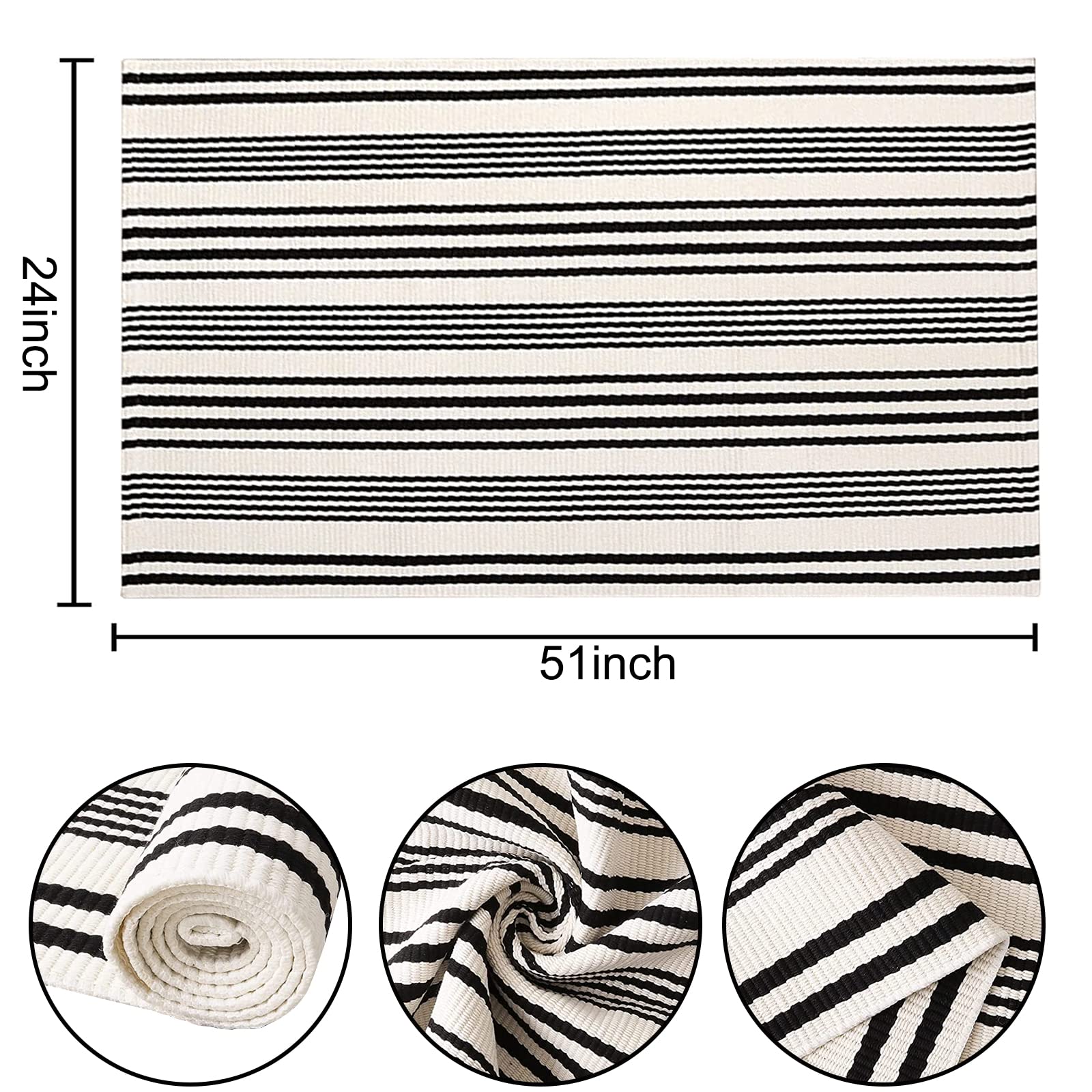 Black and White Striped Rug 24'' x 51''Outdoor Front Porch Rug Hand-Woven Machine Washable Indoor/Outdoor Layered Door Mats for Entryway/Bedroom/Outdoor