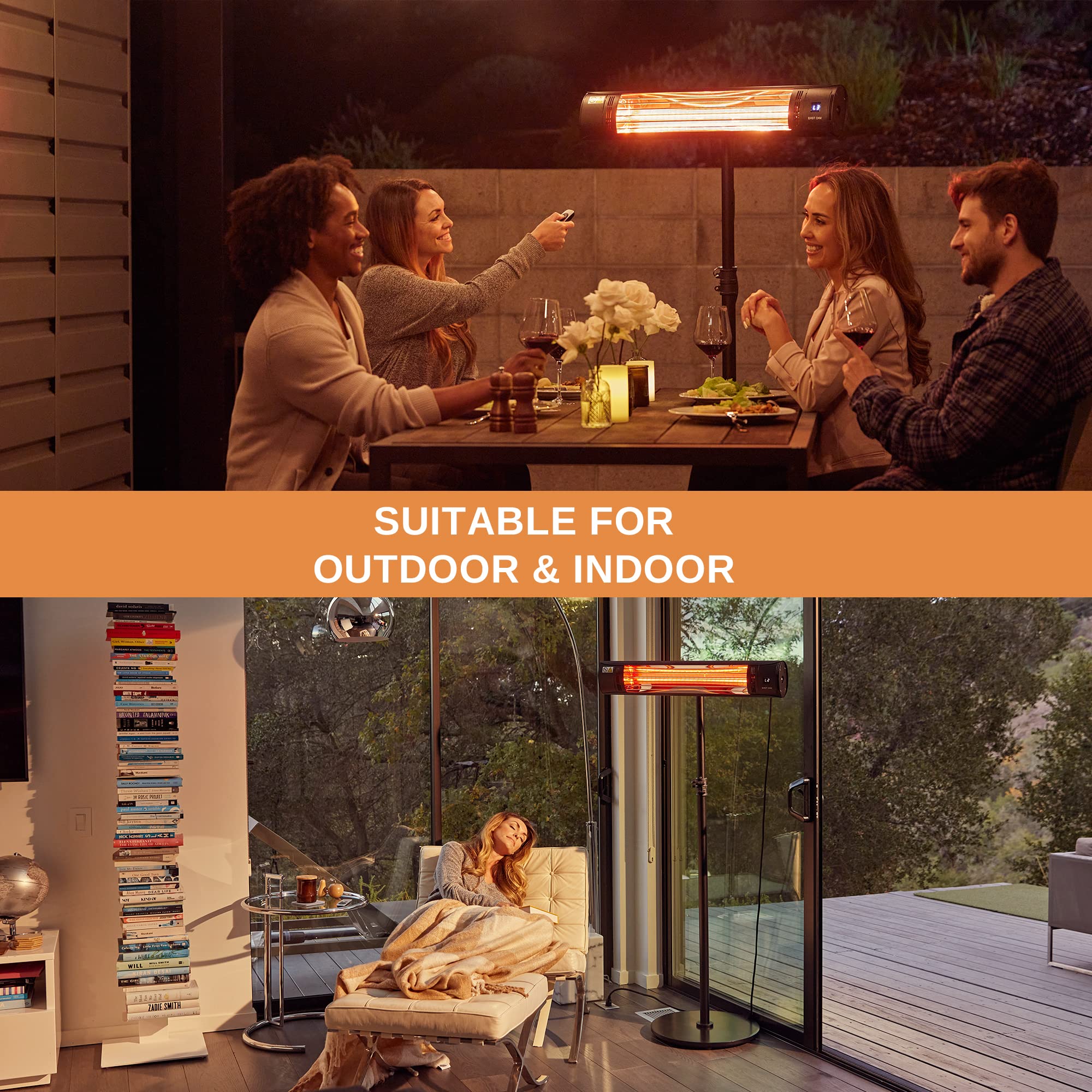 EAST OAK Patio Heater, Wall Mounted & Standing 1500W Outdoor Indoor Infrared Electric Heater with IP65 Waterproof & Dustproof, Tip-over & Overheating Protection, 3 Heat Settings & 24H Timing